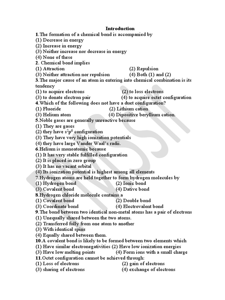 Chemical Bonding MCQs | PDF | Ionic Bonding | Chemical Bond