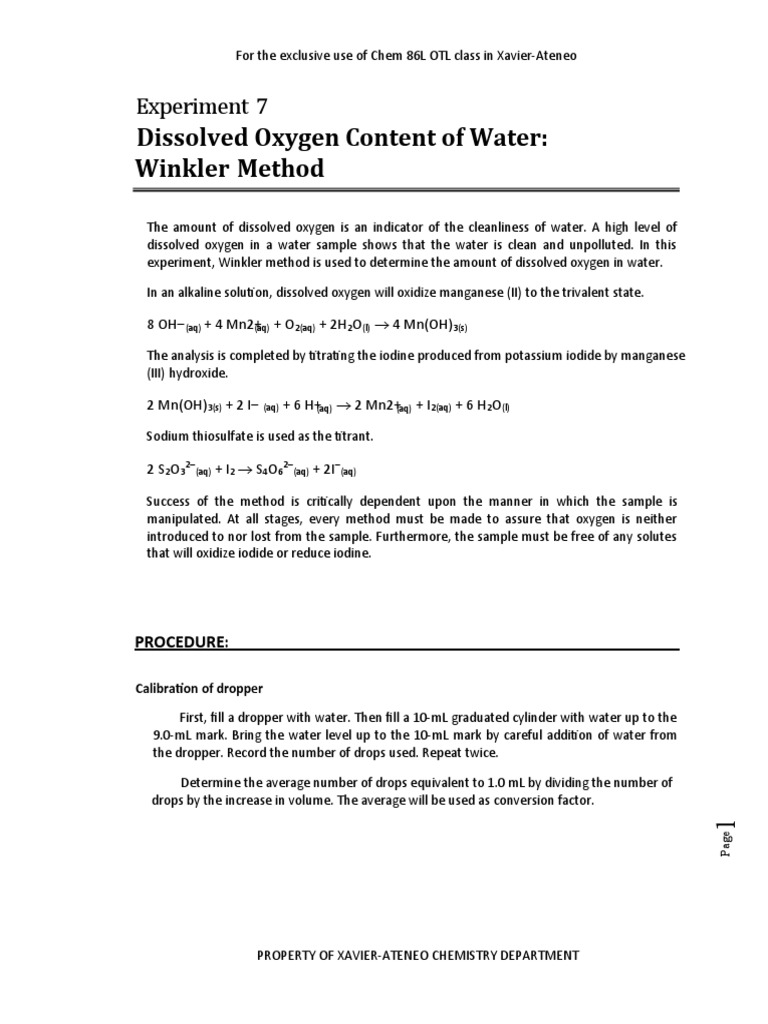Dissolved Oxygen Analysis: Winkler Method | PDF | Mole (Unit) | Chemistry