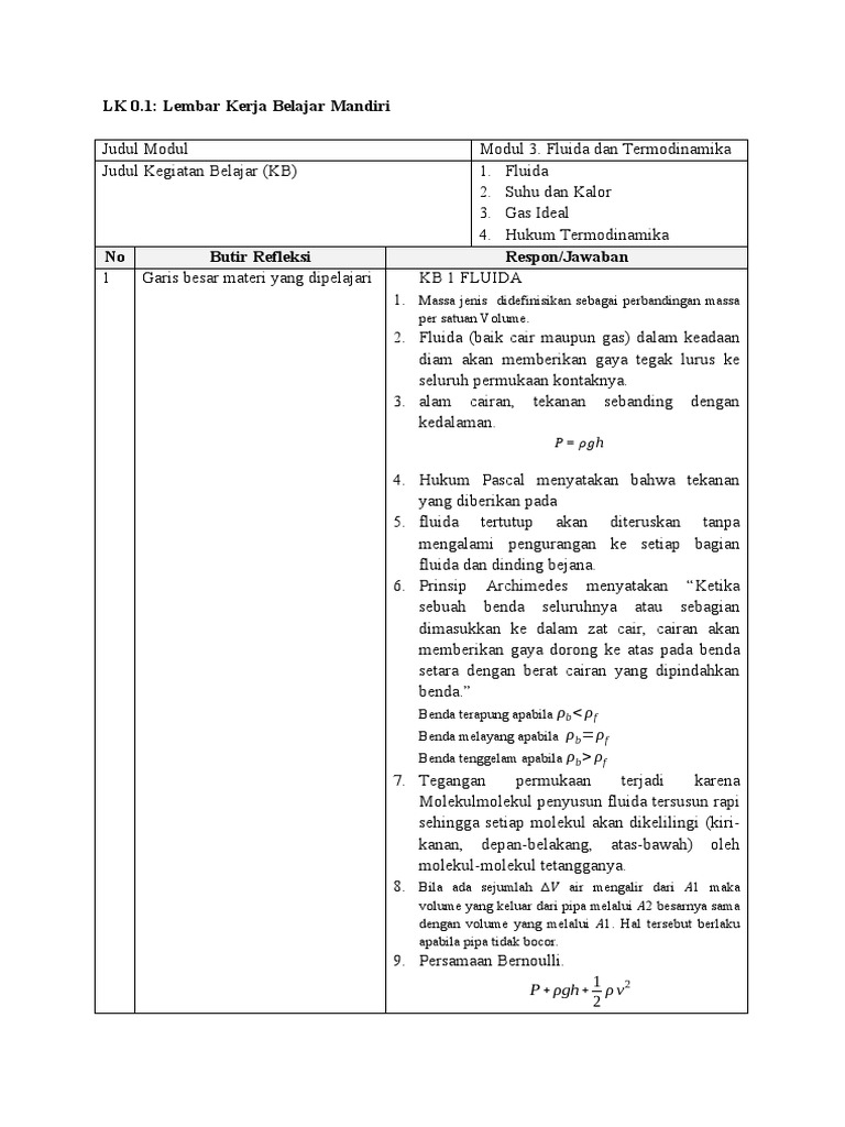 LK 0.1 Modul 3 Fluida Dan Termodinamika | PDF