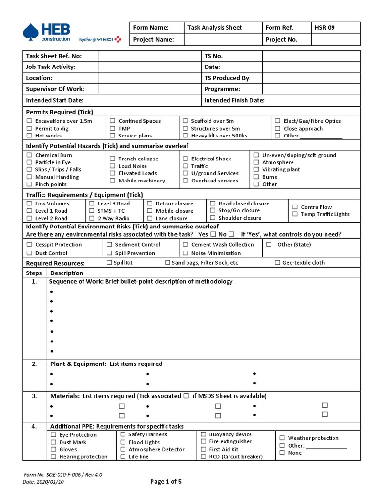 SQE-010-F-006 (HSR09) Site Health Safety Task Sheet Form V4.0 | PDF ...