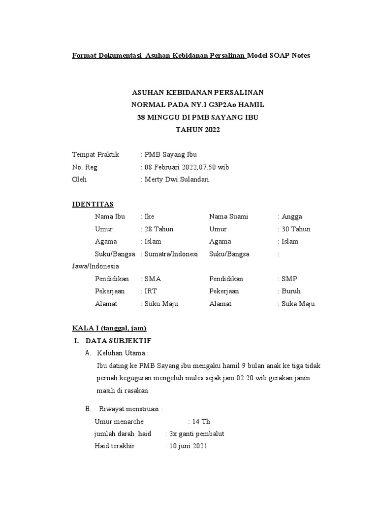 Format Dokumentasi Asuhan Kebidanan Persalinan Model SOAP Notes | PDF