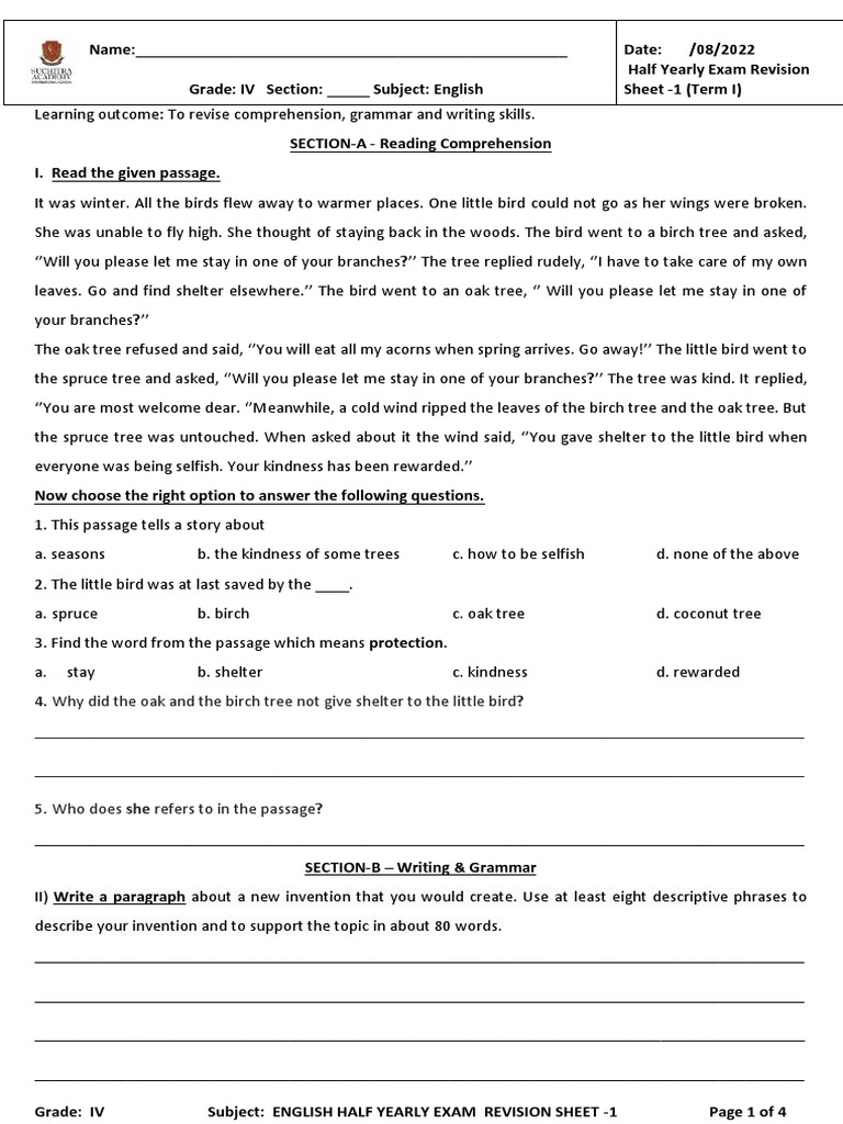 2022-23 - Term - 1 - Grade IV - English - Half Yearly Examination ...