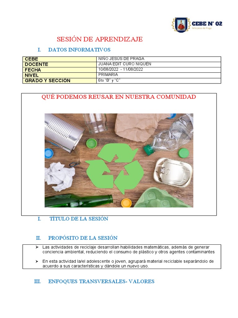 Sesión de Aprendizaje 02 Reciclaje | PDF | Reciclaje | Aprendizaje