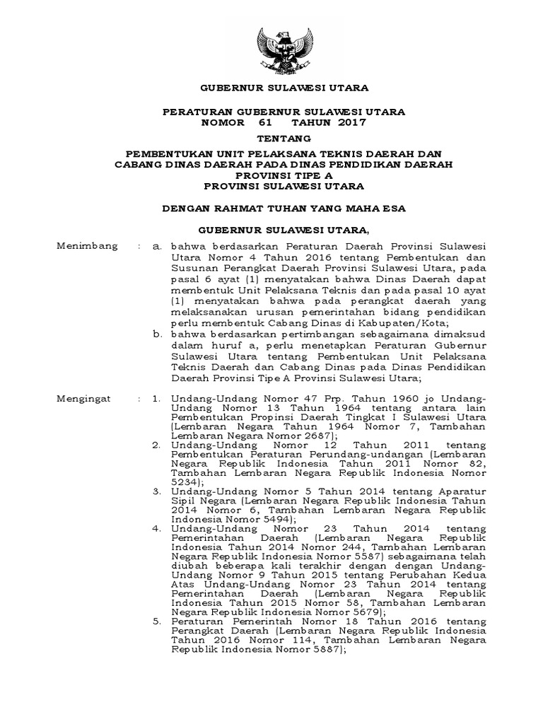Pergub 61 - 2017 Tentang Pembentukan Cabang Dinas Disulut | PDF