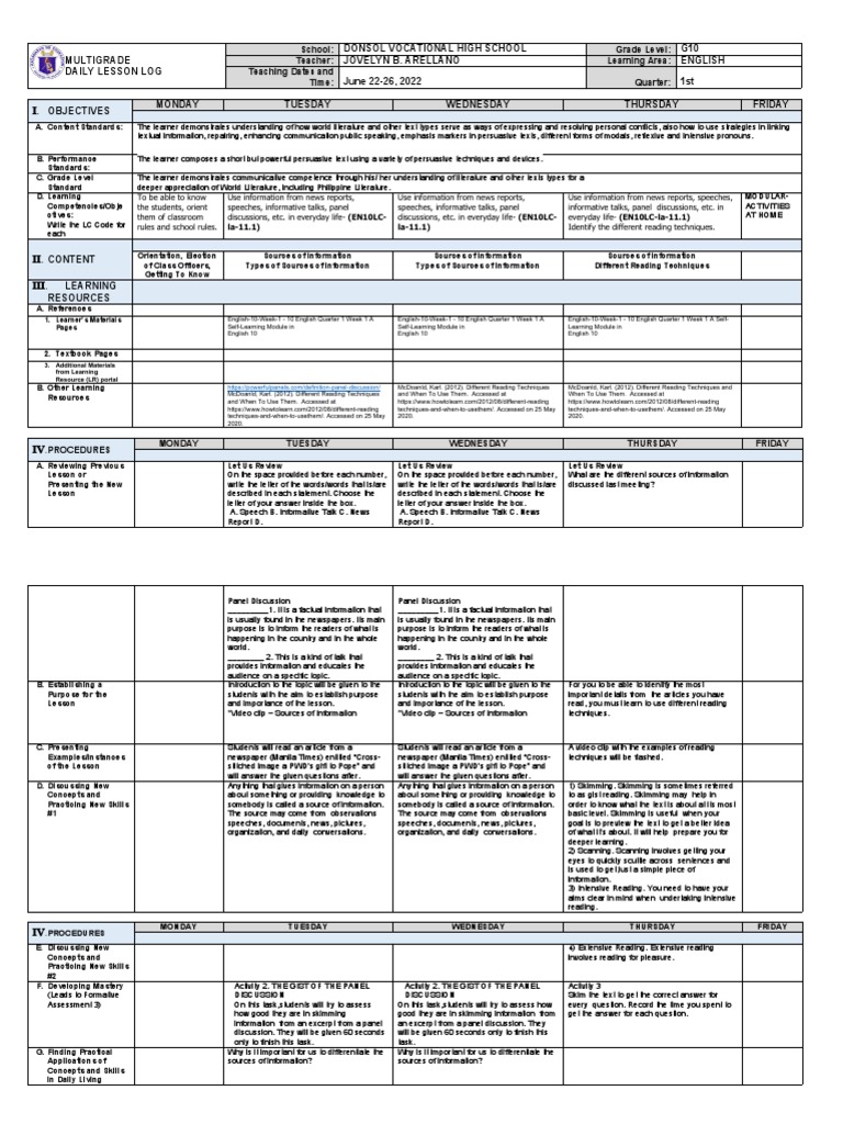 G10 English 1st Quarter Lesson Plan | PDF | Speed Reading | Learning