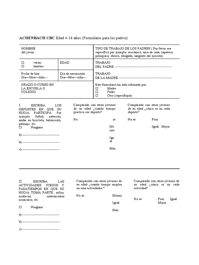 Achenbach CBC (4-16 Años) (Formulario para Los Padres) | PDF