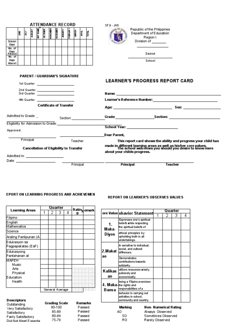 Learner's Progress Report Card SF9 | PDF | Middle Schools