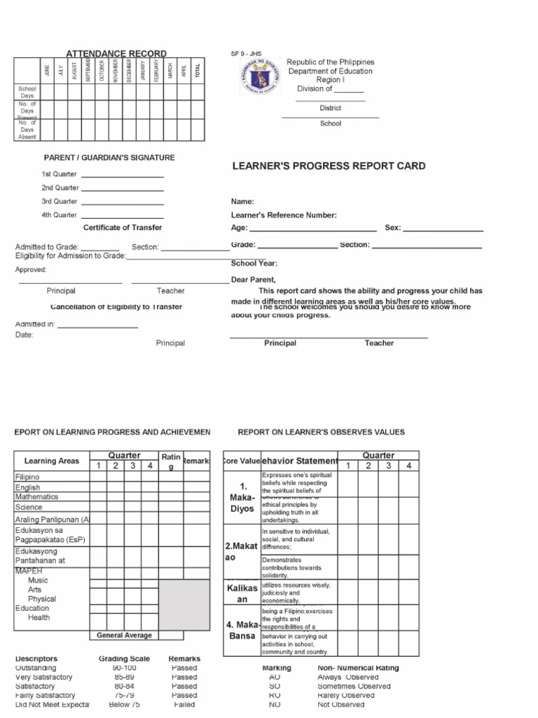 SF 9 - JHS (Learner's Progress Report Card B) (5 Files Merged) | PDF