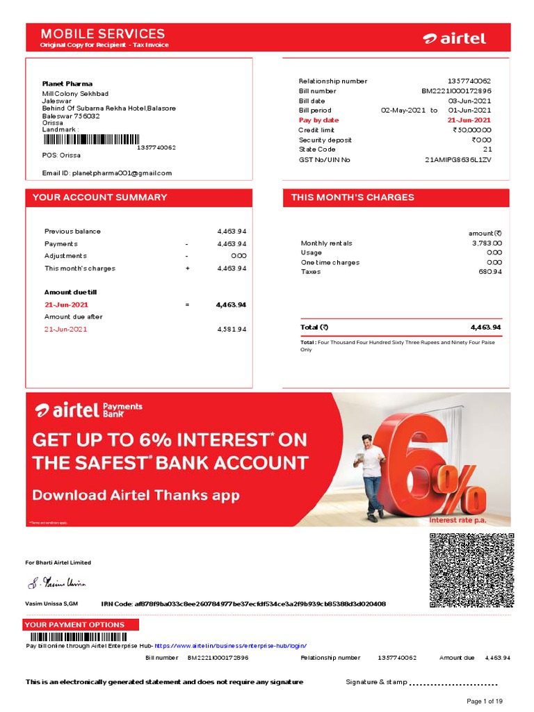 Airtel Mobile Services Tax Invoice | PDF | Payments | Roaming