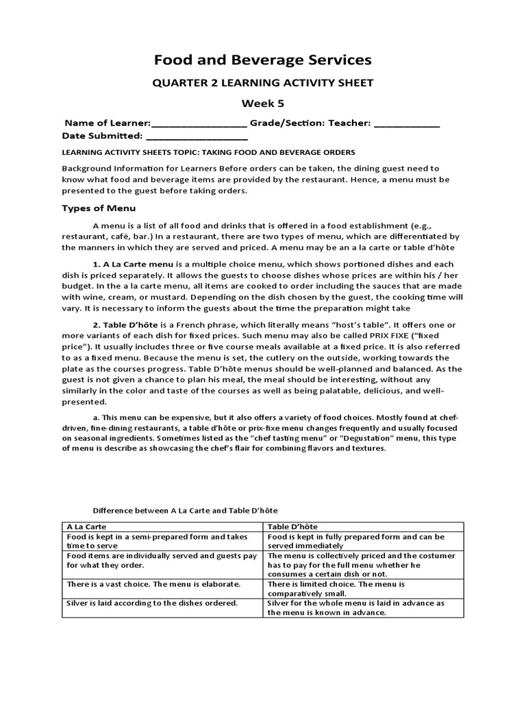FBS Las Week 5 | PDF | Menu | Cooking
