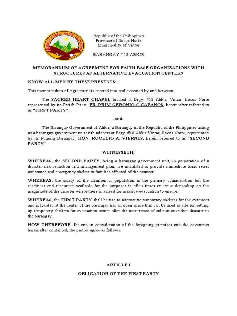 Abkir MOA To Evacuation Center | PDF | Emergency Evacuation | Notary Public