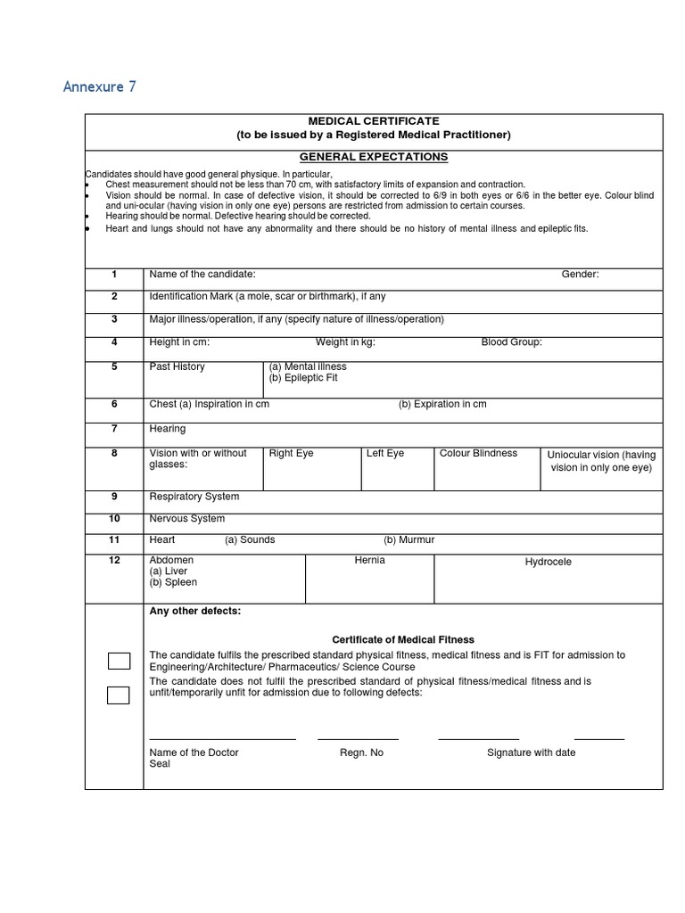 Annexure 7: Medical Certificate (To Be Issued by A Registered Medical ...