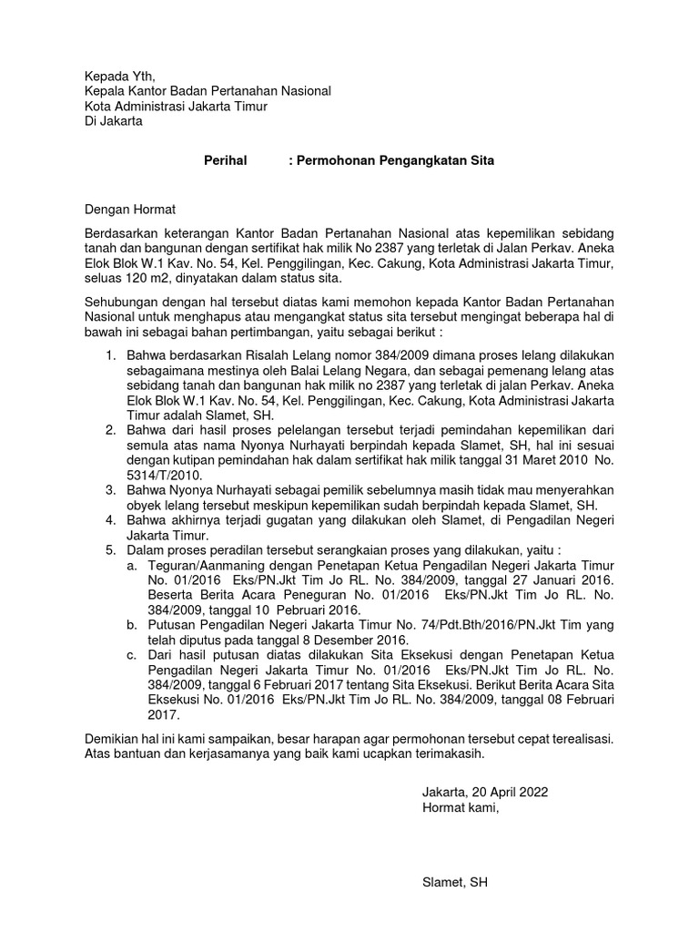 Permohonan Pengangkatan Sita | PDF