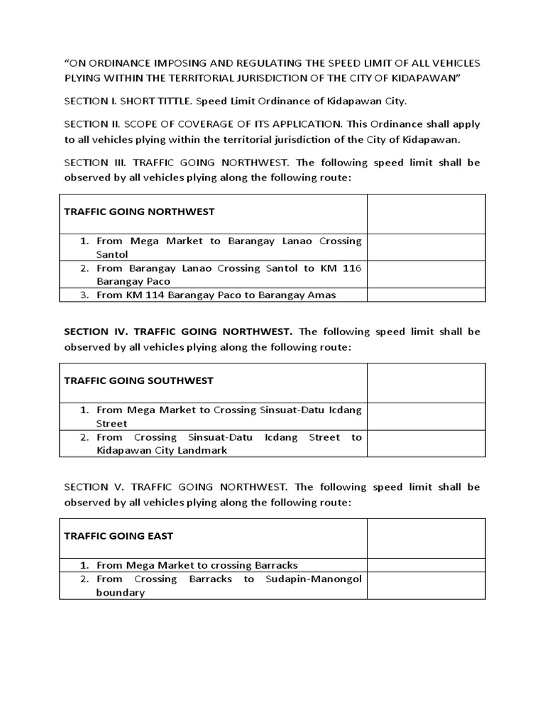 Kidapawan City Speed Limit Ordinance | PDF | Speed Limit | Traffic