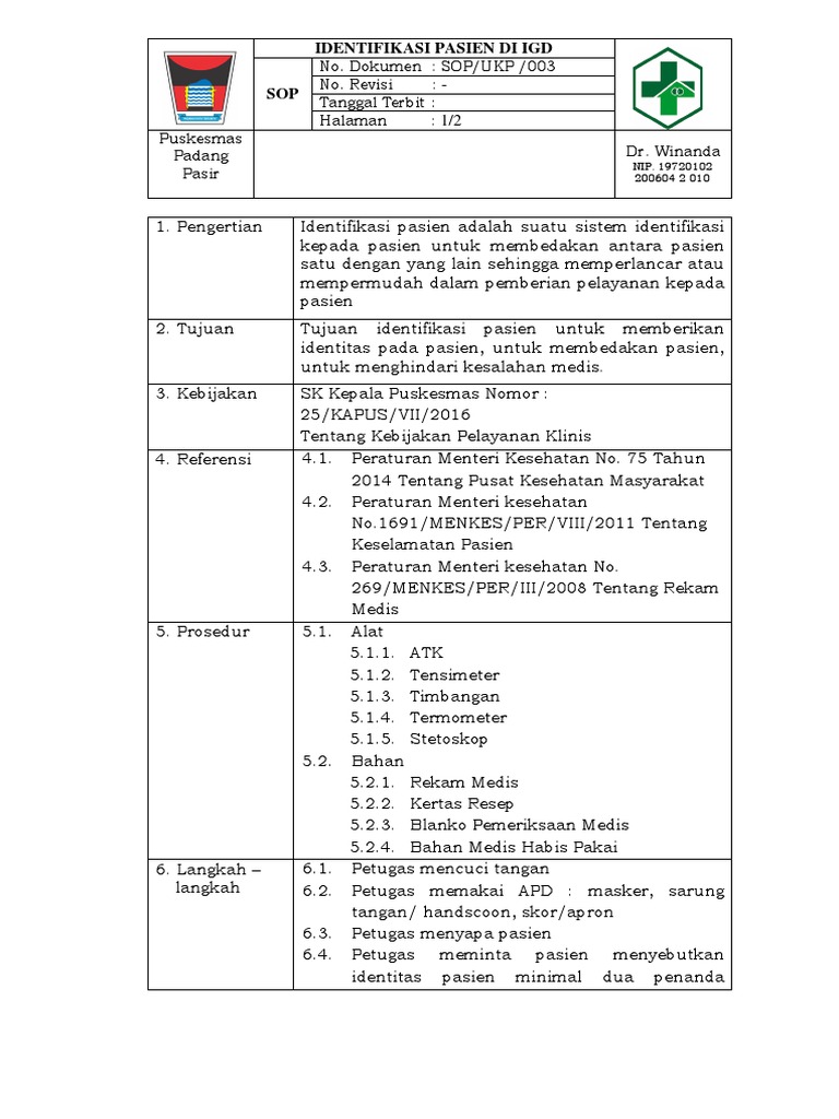7.1.1.7. SOP Identifikasi Pasien IGD | PDF