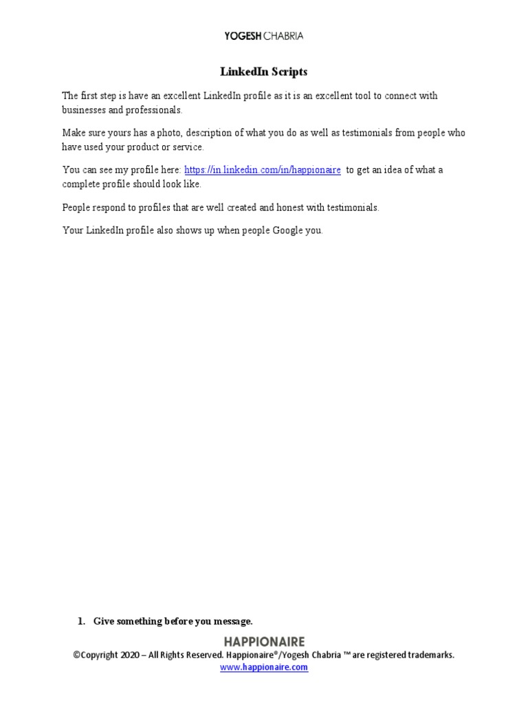 LinkedIn Message Scripts - Yogesh Chabria | PDF | Brand | Linked In