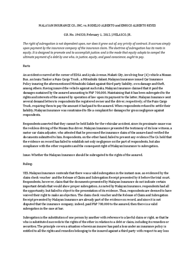 Malayan Insurance v. Rodelio Alberto | PDF | Subrogation | Insurance
