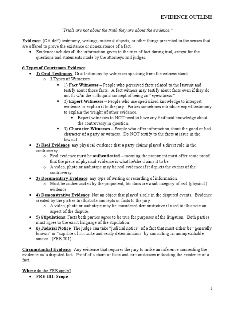 Final Evidence Outline | PDF | Objection (Law) | Evidence (Law)