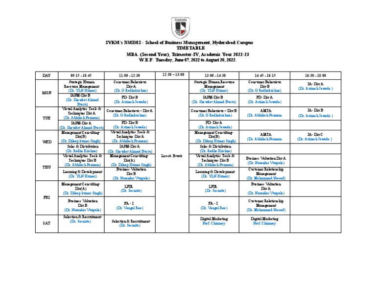 Final Trim IV SBM - Hyd - Time - Table - Mba - Ac - 2022-2023 | PDF | Business Process | Market ...