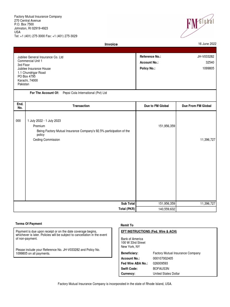 Premium Note JH-V033282 Pakistan | PDF | Insurance | Payments