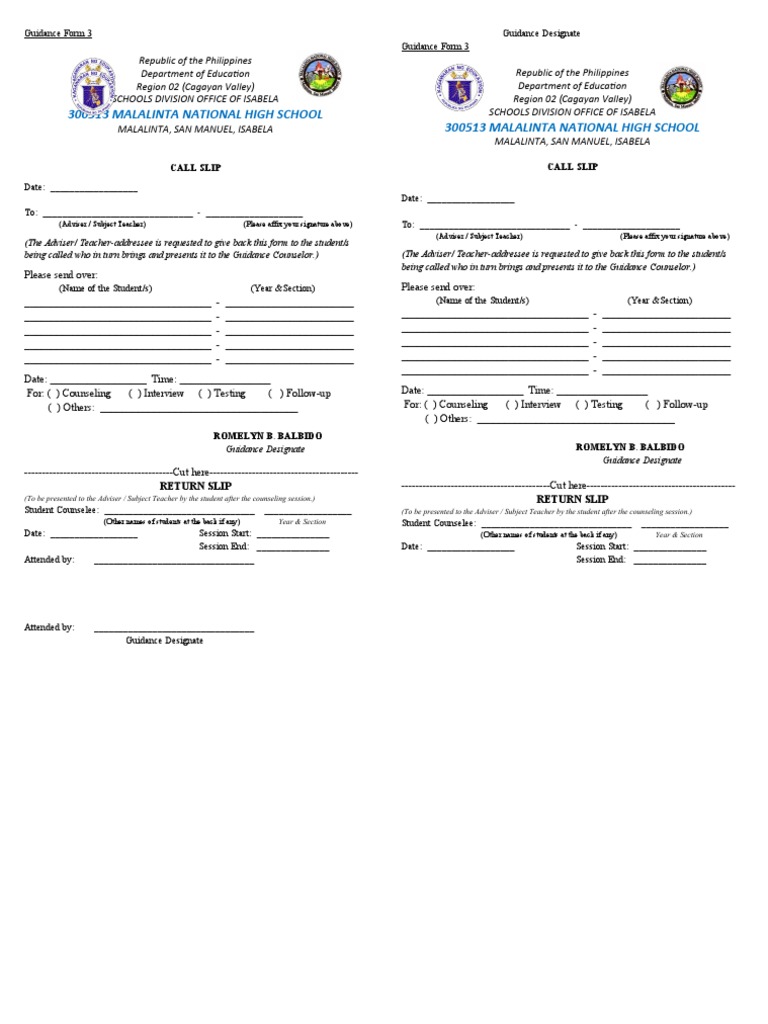 GCO Form 3 CALL SLIP | PDF | Human Development | Counseling