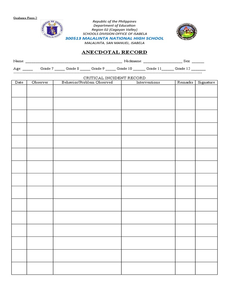 Anecdotal Record Guidance Form | PDF