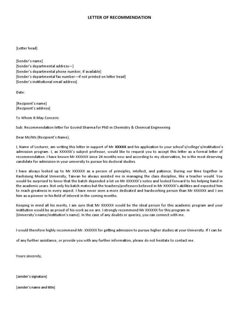 Letter of Recommendation TEMPLATE | PDF