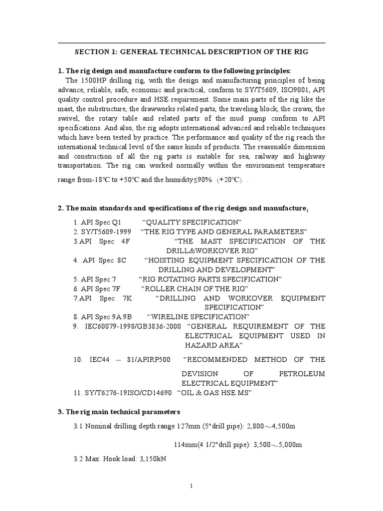50DB Rig Specification | PDF | Electric Motor | Drilling Rig