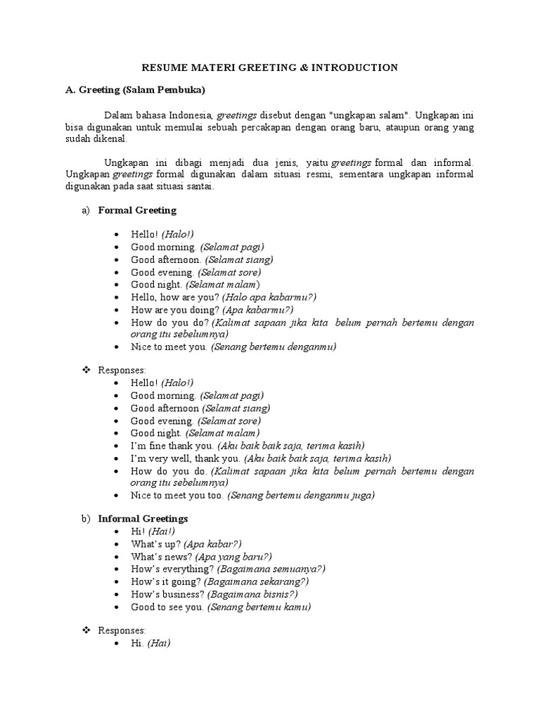 Materi Greeting dan Perkenalan | PDF | Seni & Disiplin Bahasa | Kajian ...