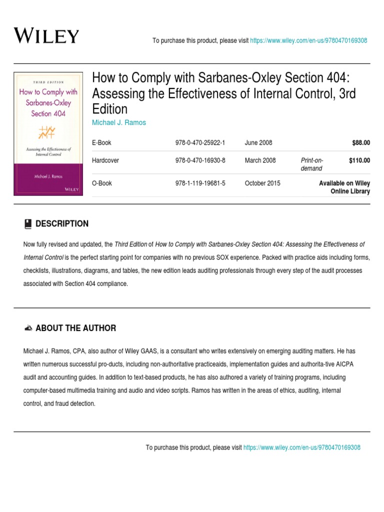 Wiley - How To Comply With Sarbanes-Oxley Section 404 - Assessing The ...