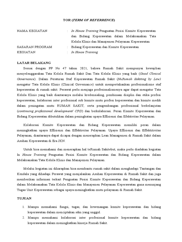 TOR IHT Penguatan Posisi Komite Keperawatan Dan Bidang Keperawatan | PDF | Karier & Perkembangan ...