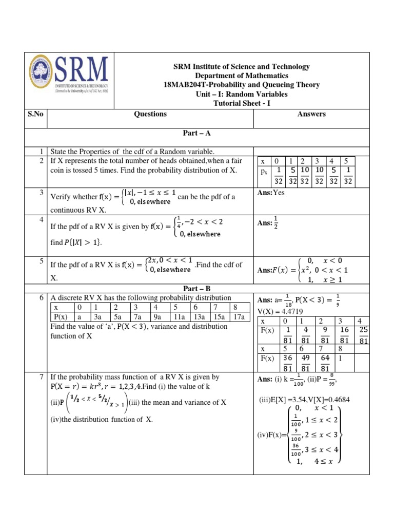 Tutorial-1 Sheet of 18MAB204T SRMIST | PDF | Probability Distribution ...
