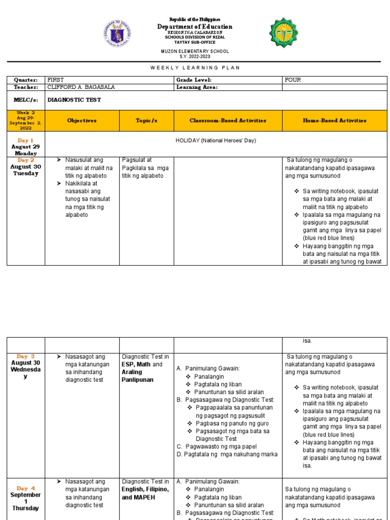 DIAGNOSTIC TEST WLP AUG 29 Sept 2 2022 | PDF
