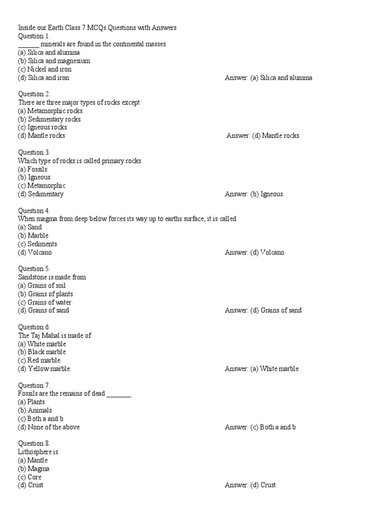 Inside Our Earth Class 7 MCQs Questions With Answers | PDF | Rock ...
