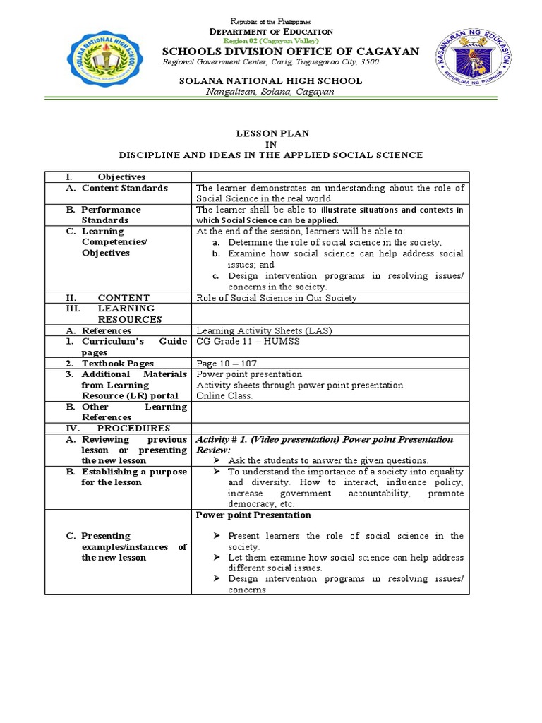 DISS-LESSON-PLAN (1) | PDF | Learning | Social Sciences