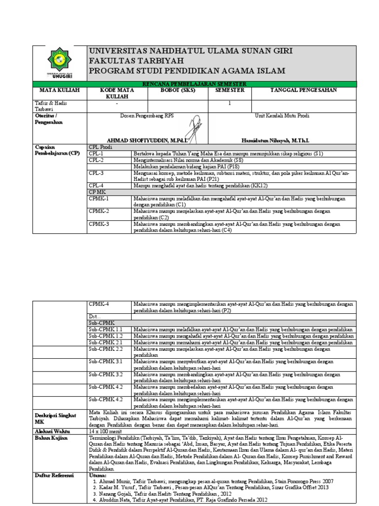Rps Tafsir & Hadis Tarbawi 29 Agus 2022 | PDF
