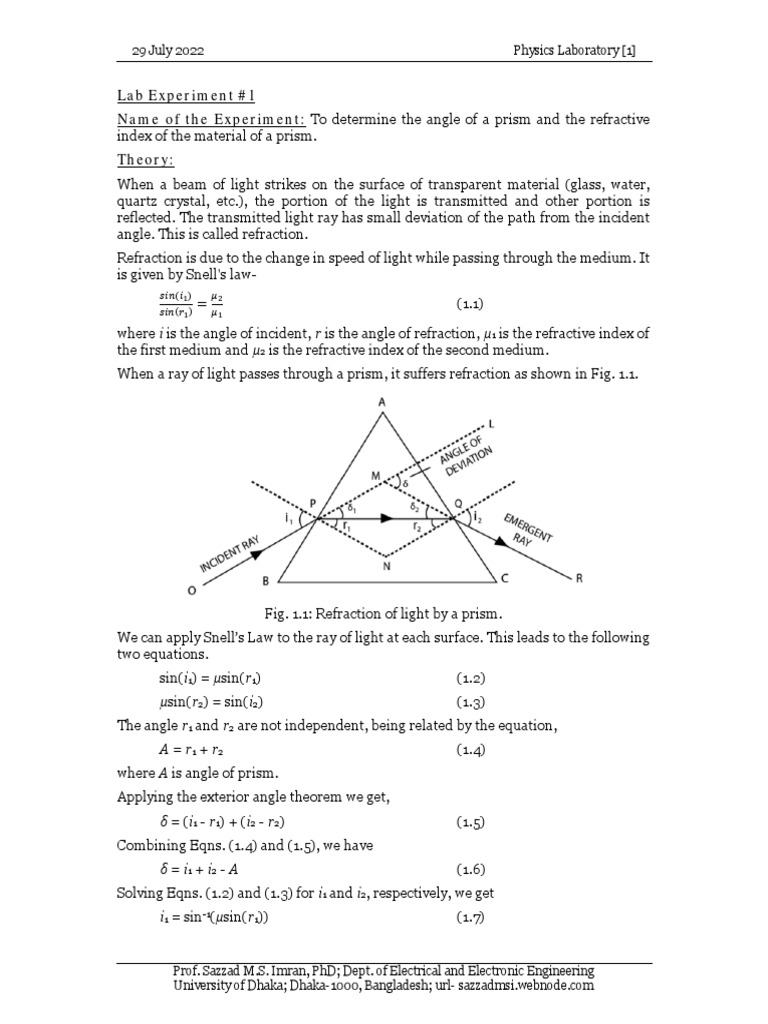 Prism Angle and Refractive Index Experiment | PDF | Diffraction ...