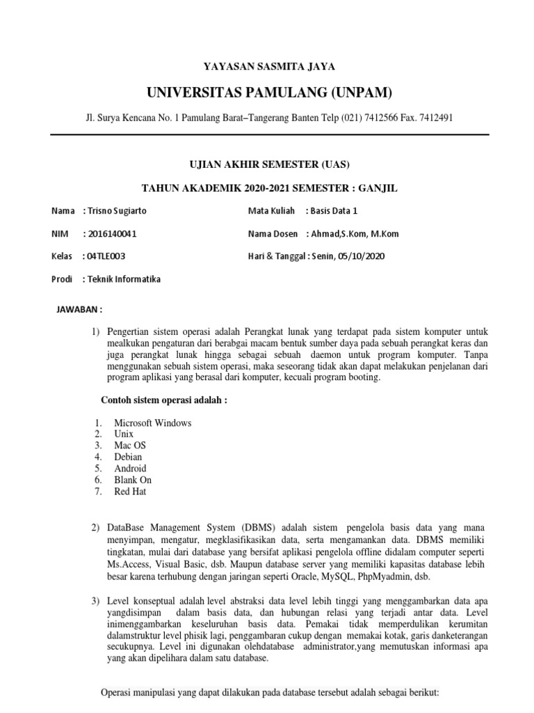 UAS Basis Data 1 - TRISNO SUGIARTO - 2016140041 | PDF | Komputer