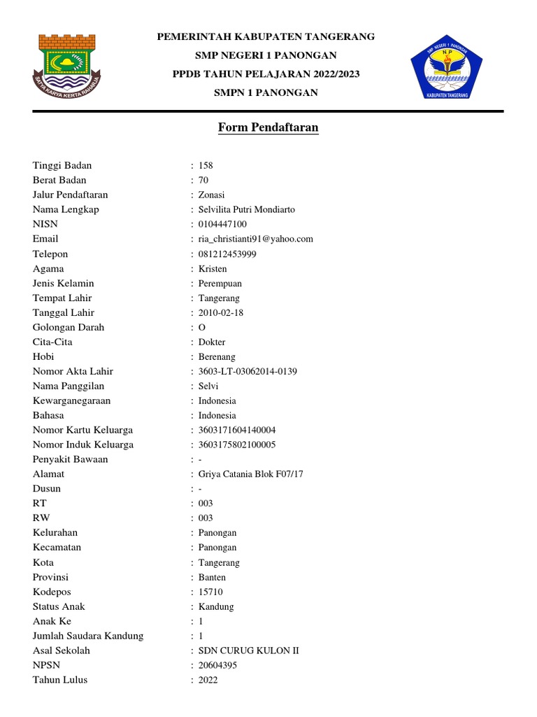 Form Pendaftaran: Pemerintah Kabupaten Tangerang SMP Negeri 1 Panongan ...