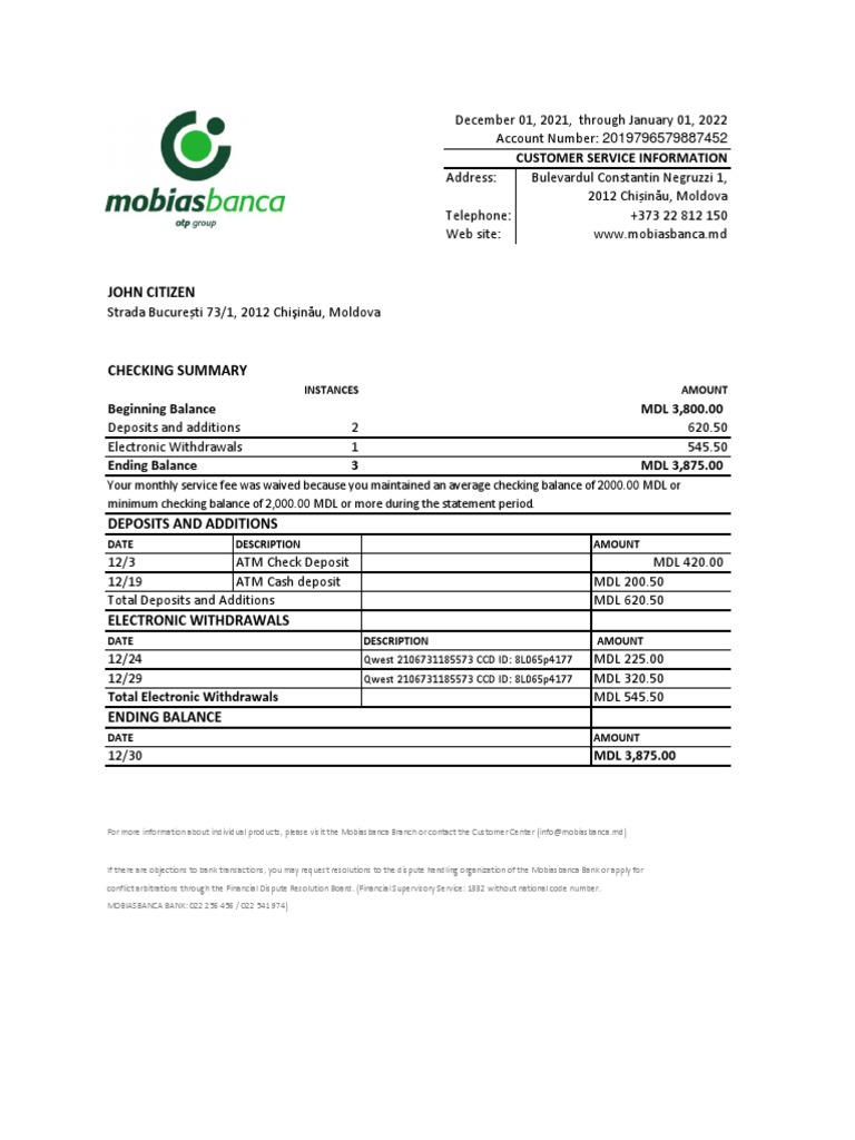 Moldova Mobiasbanca Bank Statement | PDF | Deposit Account | Banks