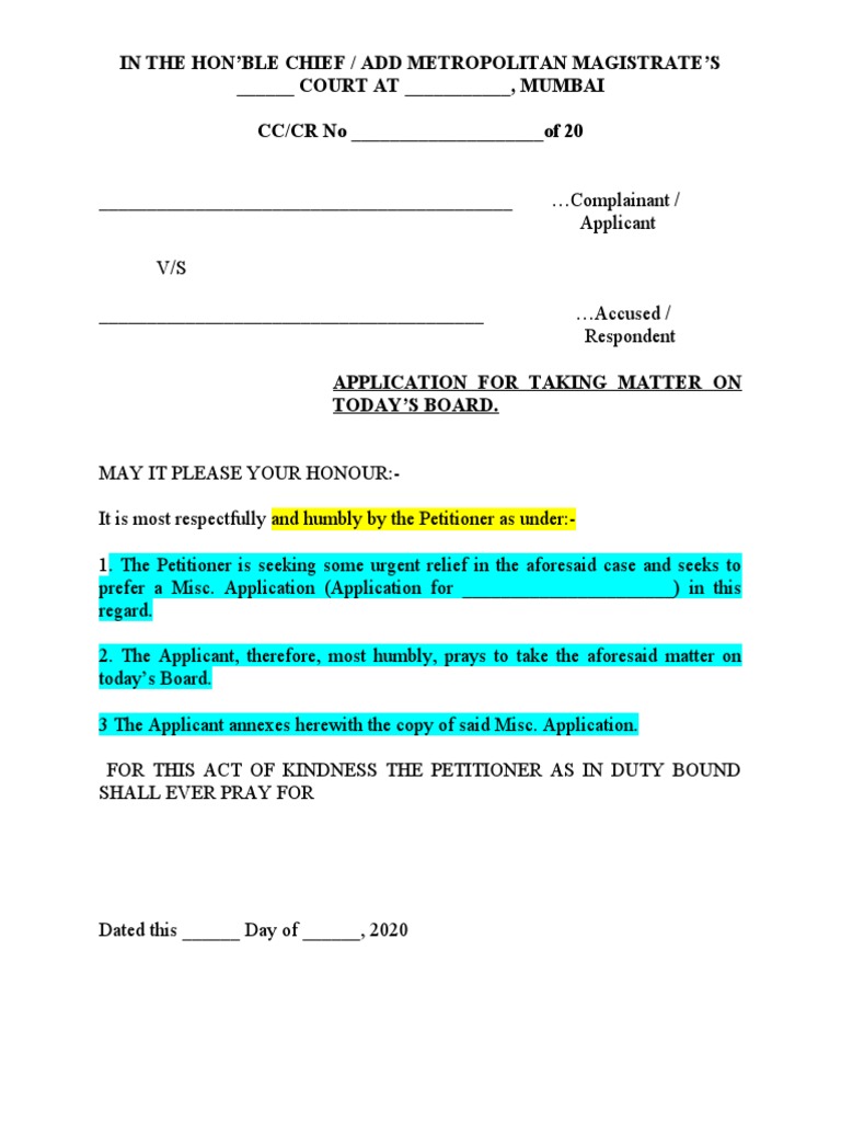 Application to Take Matter on Board | PDF