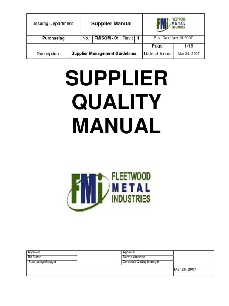 Supplier Quality Manual Sample | PDF | Specification (Technical ...