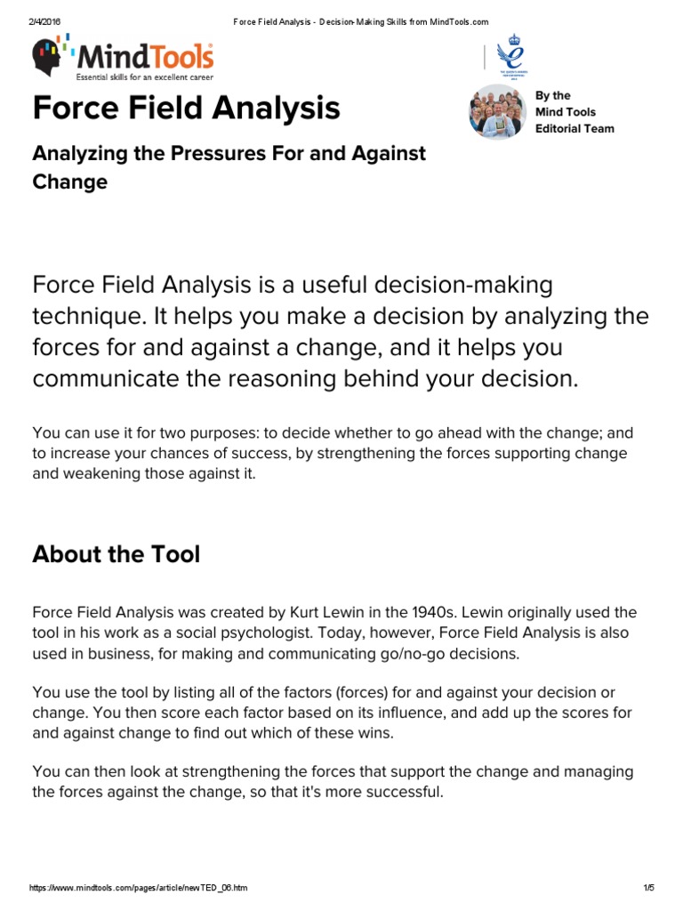 Force Field Analysis - Decision-Making Skills From MindTools | PDF ...
