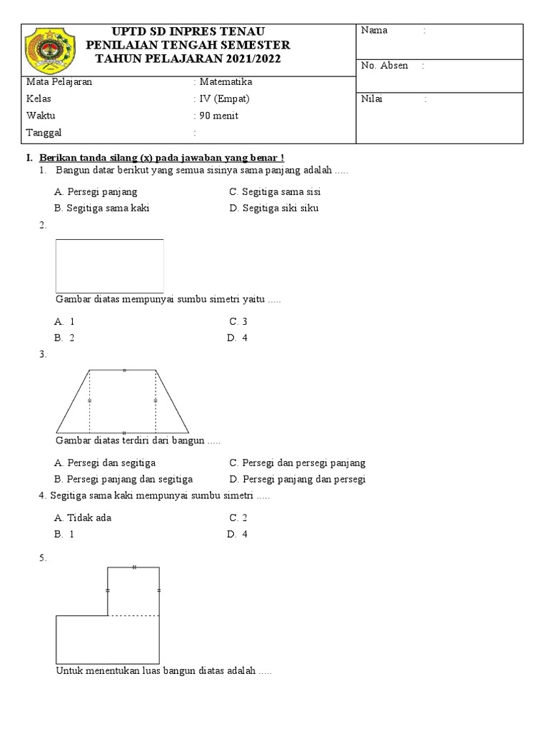Soal PTS Matematika Kelas 4 Semester 2 K13 | PDF