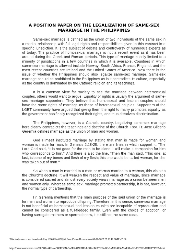 A Position Paper On The Legalization of Same Sex Marriage in The ...