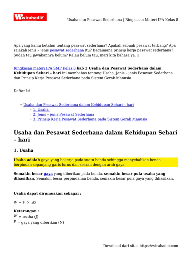 Usaha Dan Pesawat Sederhana - Ringkasan Materi IPA Kelas 8 | PDF