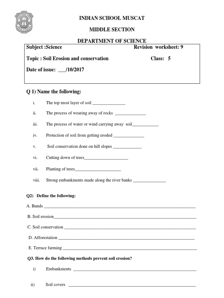Class 5 -Science- Soil erosion and Conservation - Work sheet | PDF | Erosion | Soil