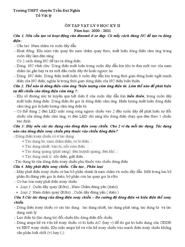 Lý 9 - Đề cương HK2 - 2020-2021 | PDF