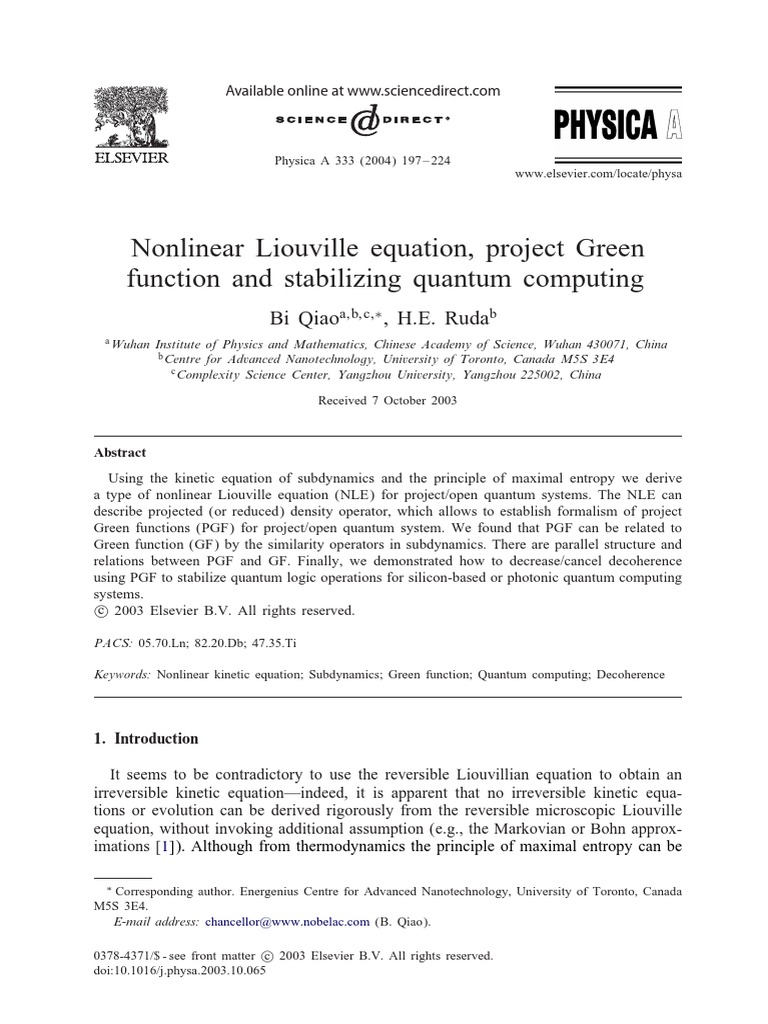 Nonlinear Liouville Equation, Project Green Function and Stabilizing Quantum Computing | PDF ...