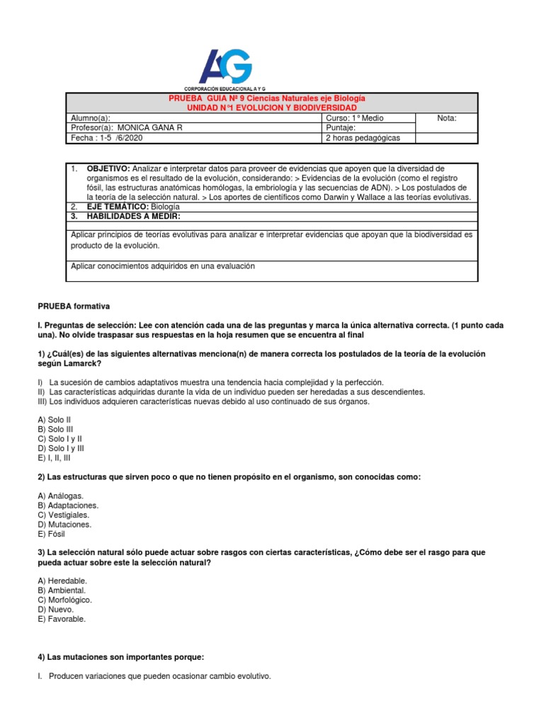 1 Medio - Biologia - Guia 9 - k8 | PDF | Evolución | Seleccion natural